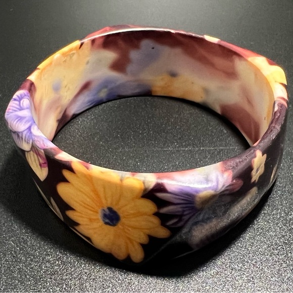 Jewelry | Vintage Plastic Floral Bangle Purple Orange Flowers On Dark ...